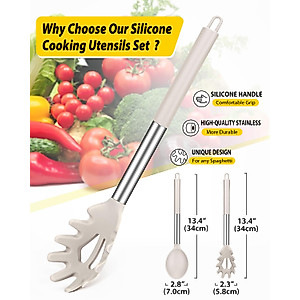 Silicone Pasta Fork and Cooking Spoon Set, Non Stick Kitchen Utensils for Cooking,Stirring,Serving Spaghetti, Soup, Sauce (KHAKI)