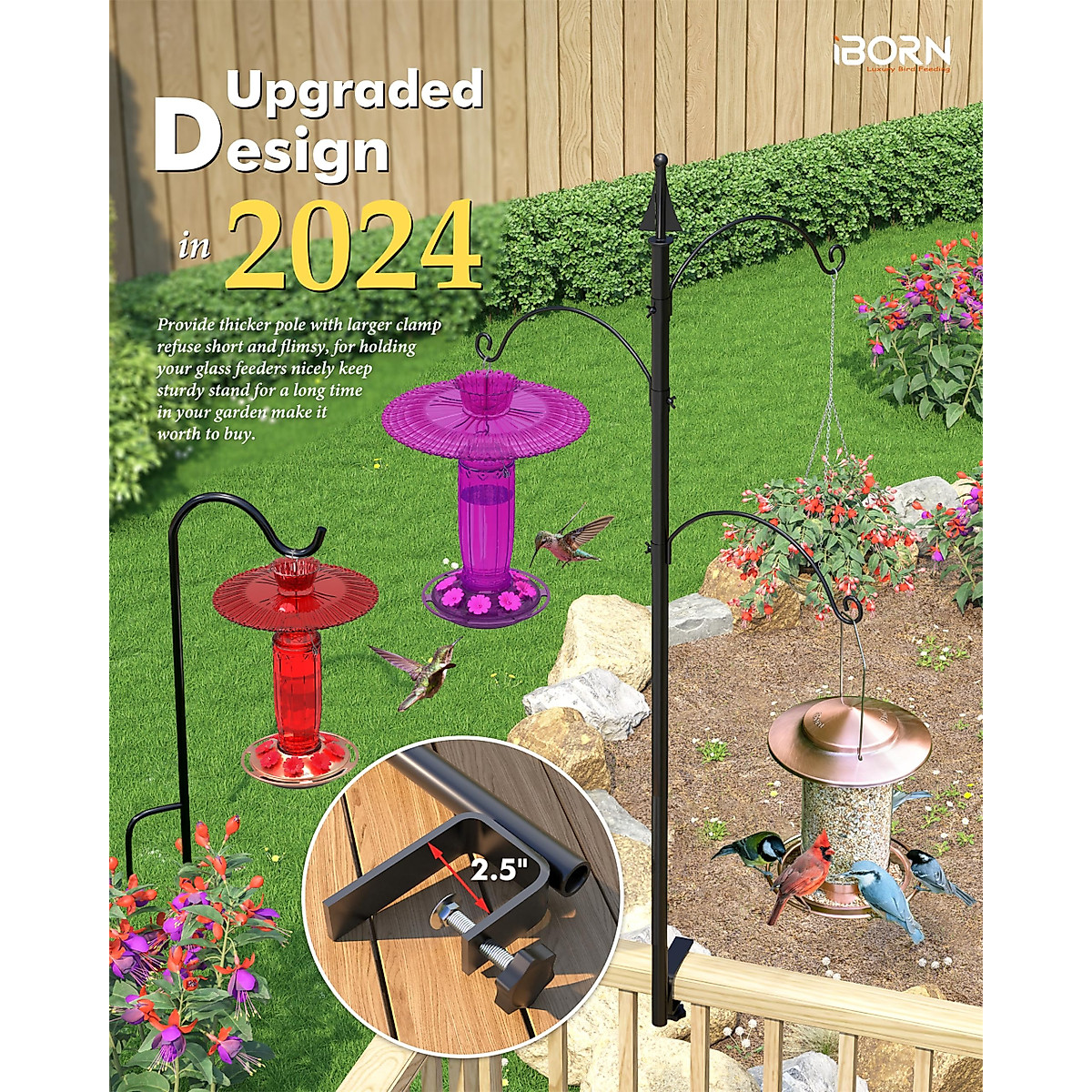 iBorn Shepherds Hooks for Outdoor Clamp On Deck Hook for Bird Feeder 45 Inch Bird Feeder Hangers for Deck Railing Humming Bird Feeders Hanging Tri-Hooks 2024 New (Feeders are Not Included)