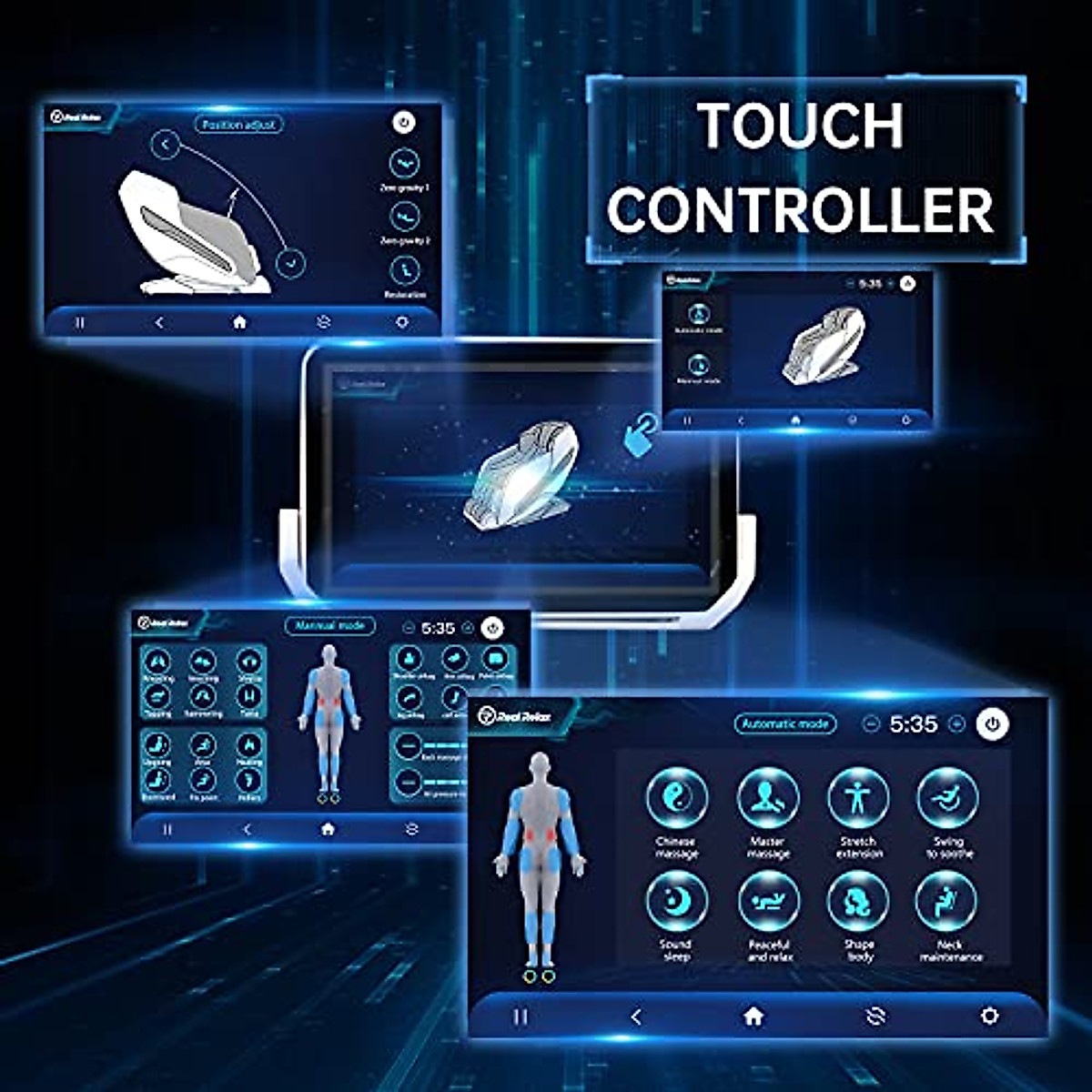 Real Relax PS6000 Zero Gravity Full SL Track Shiatsu Massage Recliner with Body Scan Handrail Shortcut Key Heat Foot Roller, Black 58.3D x 31.5W x 61.5H in