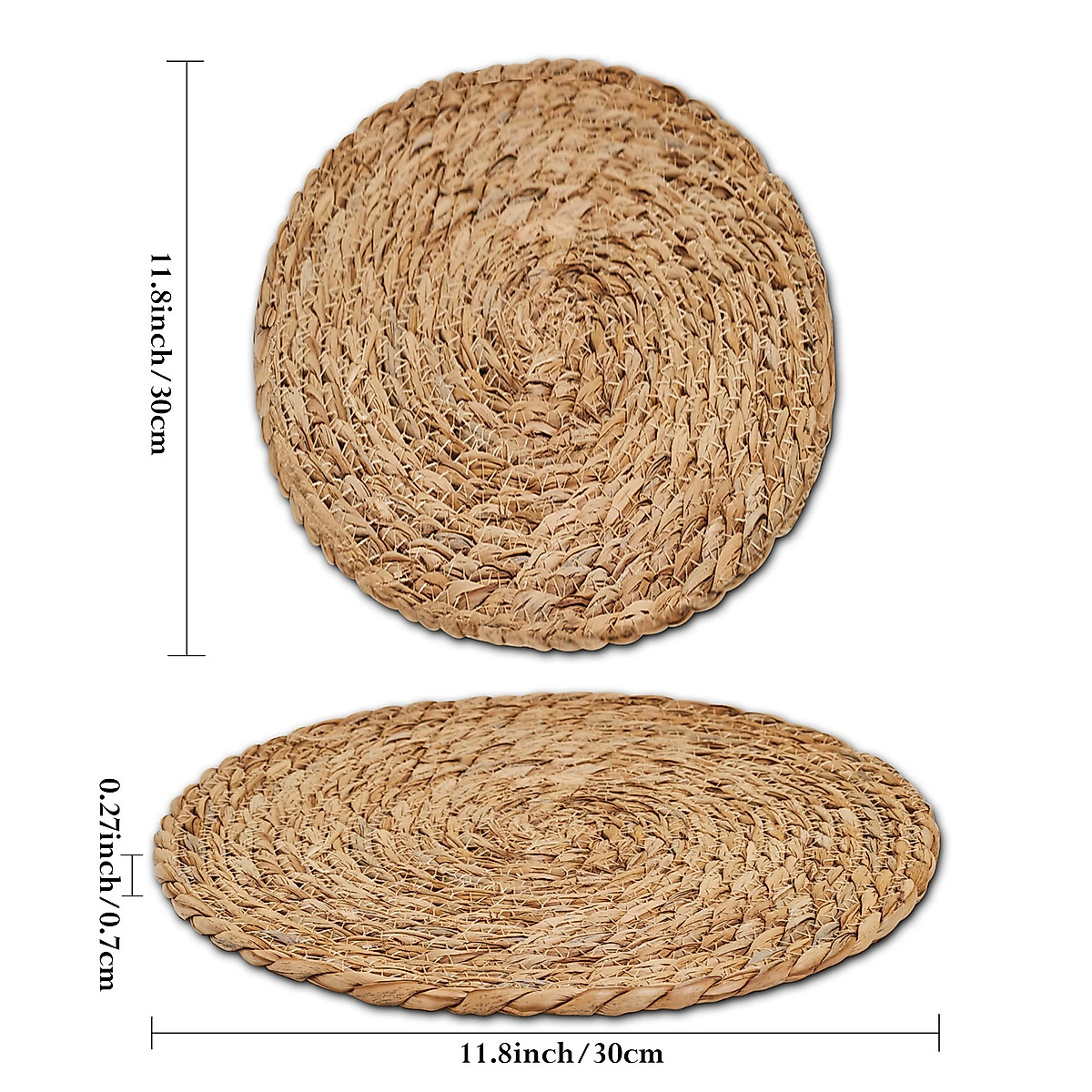 Defined Deco Woven Placemats Set of 10,12" Round Rattan Placemats,Natural Hand-Woven Water Hyacinth Placemats,Farmhouse Weave Place Mats,Rustic Braided Wicker Table Mats for Dining Table,Home,Wedding.