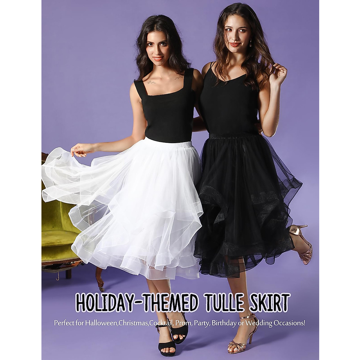 DRESSTELLS Black Tulle Skirts for Women, A Line Elastic Waist Tiered Layered Puffy Midi Tutu Skirt, Long Fluffy Party Skirt 2025 Black M