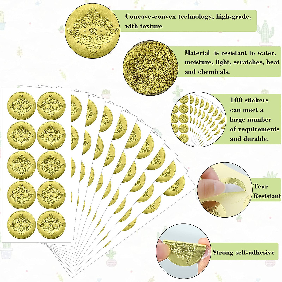 100 Pieces Embossed Gold Foil Certificate Seals Envelope Gold Foil Seals Embossed Stickers for Wedding Invitations Certificates Envelopes Students, Flower Pattern