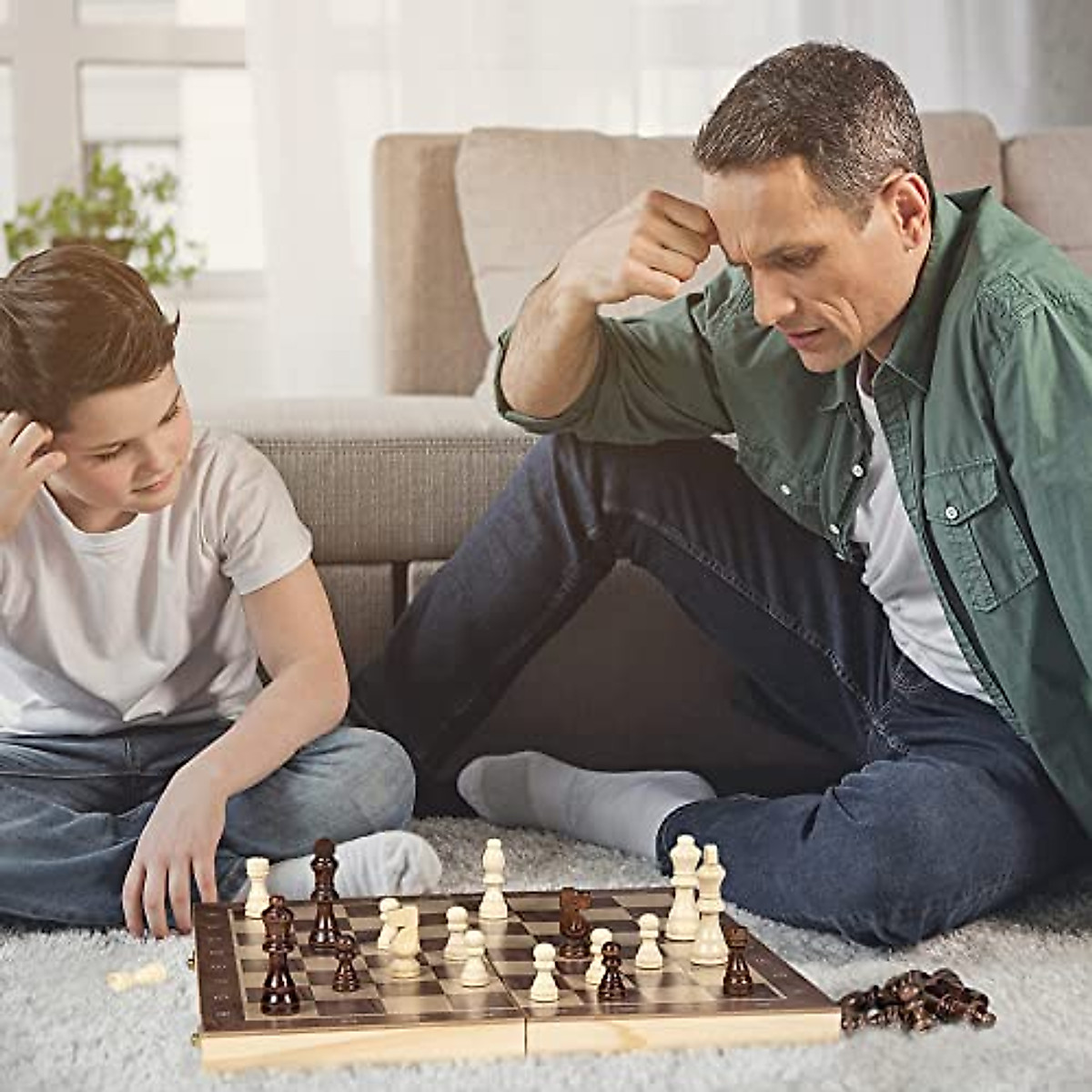 ropoda Magnetic Chess Set, 15" Folding Wooden Chess Board with Foam Storage Slots, Unique Chess Set for Kids and Adults, Portable and Foldable Wooden Board Game & Checkers Game, Including Extra Queens