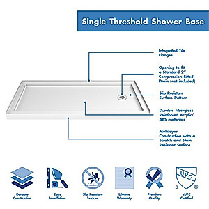 DreamLine SlimLine 30 in. D x 60 in. W x 2 3/4 in. H Right Drain Single Threshold Shower Base in White, DLT-1130602