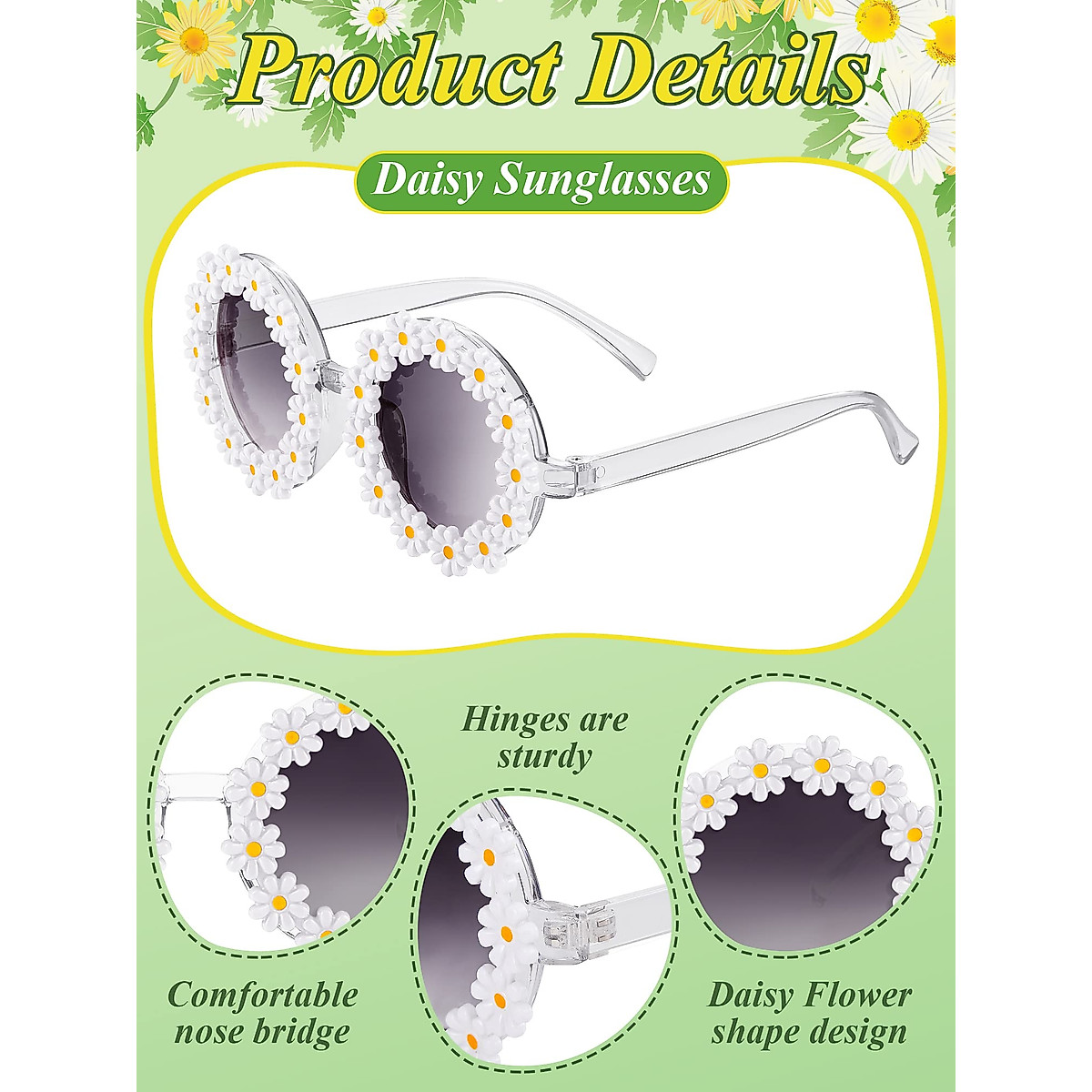 Dunzy 6 Pack Daisy Flower Sunglasses for Women Retro Hippie Round Glasses 70s Disco Groovy Sunglasses for Party Costume Accessories, 6 Colors