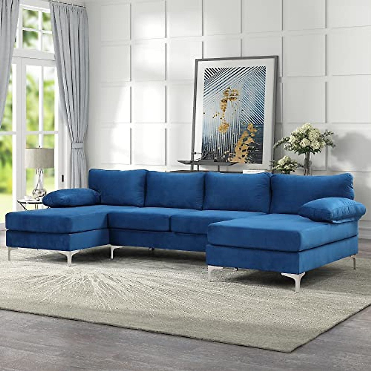Casa Andrea Milano Modern Large Velvet Fabric U-Shape Sectional Sofa, Double Extra Wide Chaise Lounge Couch