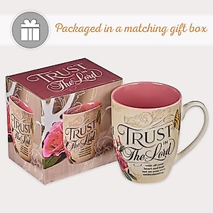 Christian Art Gifts Ceramic Scripture Coffee & Tea Mug for Women, 12 oz Inspirational Bible Verse - Trust in the Lord - Proverbs 3:5 w/Gold Accents, Rose Floral Cute Butterfly, Pink/Tan
