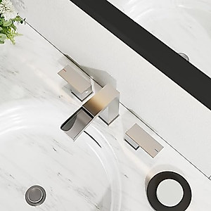 Pheistina 8-Inch Widespread Brushed Nickel 3 Holes 2 Handles Waterfall Bathroom Sink Faucet, with Metal Pop Up Drain Assembly & Cupc Water Supply Lines, NS-WF002-1-BN
