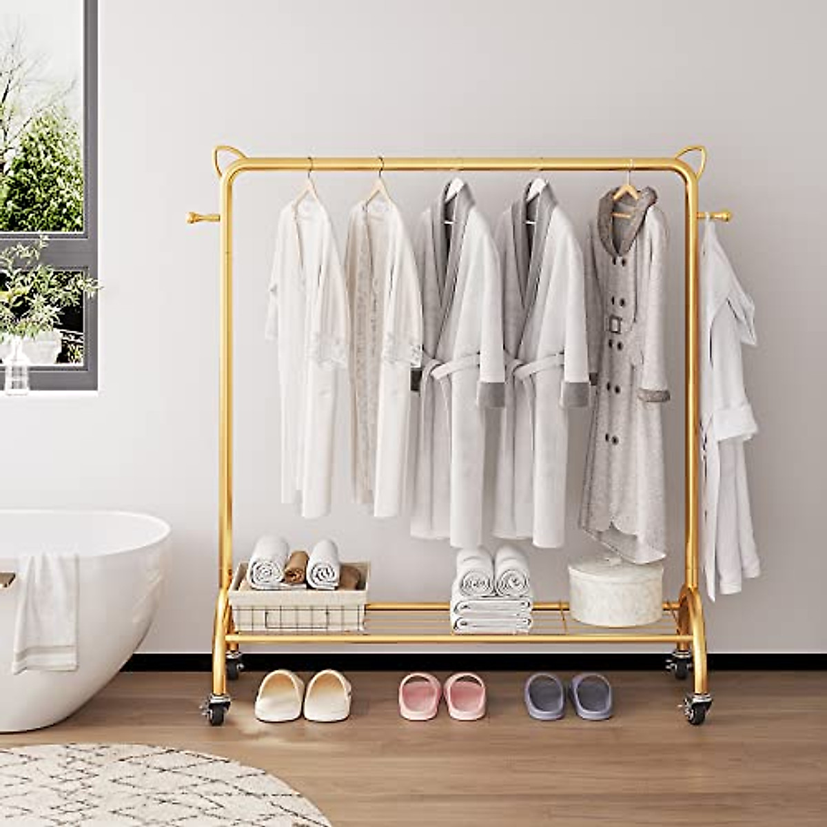 Dttwacoyh Garment Rack, Clothing Rack with Rounded Corners and Wheels,Cute Cat Ears, Heavy Clothes Rack for Bedroom, Living Room and Dormitory(Gold)
