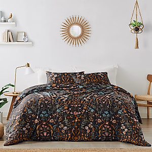 Sweet Jojo Designs Boho Bohemian Farmhouse Black and Orange Wildflower Garden Floral Duvet Comforter Cover and Sham 3pc King Size Bed Bedding Set Bedroom Botanical Cottagecore Flower Vintage Turquoise