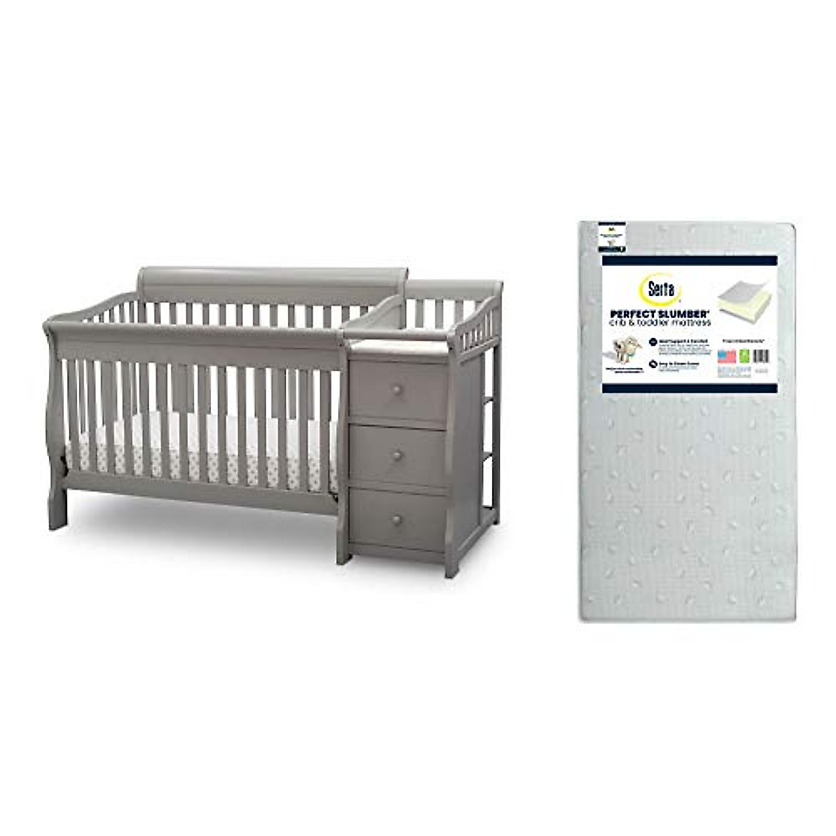 Delta Children Princeton Junction Convertible Crib N Changer, Grey + Serta Perfect Slumber Dual Sided Recycled Fiber Core Crib and Toddler Mattress (Bundle)