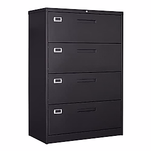 BYNSOE File Cabinet with Lock 4 Drawer Lateral File Cabinets for Legal/Letter A4 Size Metal Filing Storage Cabinet for Office Home Requires Assembly (4 Drawers, Black)