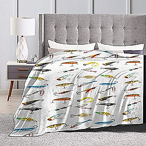 Fishing Bait Flannel Blanket Different Bash Fish Hooks Fishing Lures Hobby Pastime Hooks Throw Blankets for Kids Adults, Super Soft Lightweight Fluffy Sofa Office Fleece Plush Blanket 50"x40"