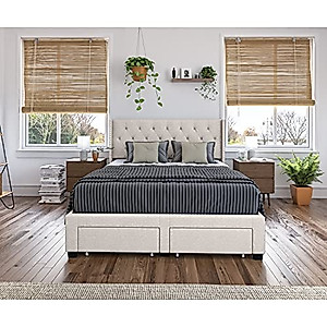 DG Casa Bardy Upholstered Panel Bed Frame with Storage Drawers and Diamond Button Tufted Nailhead Trim Wingback Headboard, King Size in Beige Fabric…