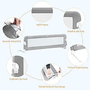 HONEY JOY Bed Rail for Toddlers, 59-in Extra Long, Portable Safety Bed Guardrail, Foldable Baby Bed Rail Guard, Fit King & Queen Full Twin Size Bed Mattress(Gray)