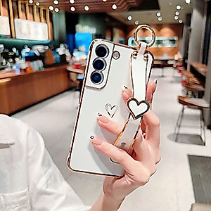 ZTOFERA Designed for Samsung Galaxy S21 Plus 5G Case with Wristband,Plating Edge Love Hearts Pattern Hand Strap Finger Holder Kickstand Case,Soft Shockproof Cover for Girls Women,White