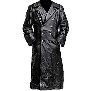 German Style Classic Officer WW2 Military Uniform Black Leather Trench Coat (Large (Best for Chest Size 44), Black)