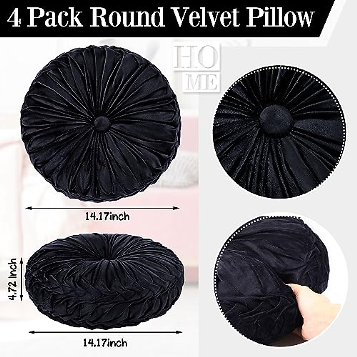 Kathfly 4 Count Round Throw Pillow Velvet Pleated 3D Pumpkin Round Pillow Boho Floor Cushion Couch for Bed Chair Home Car Sofa Decorations, 14.17 x 14.17 Inches (Black)