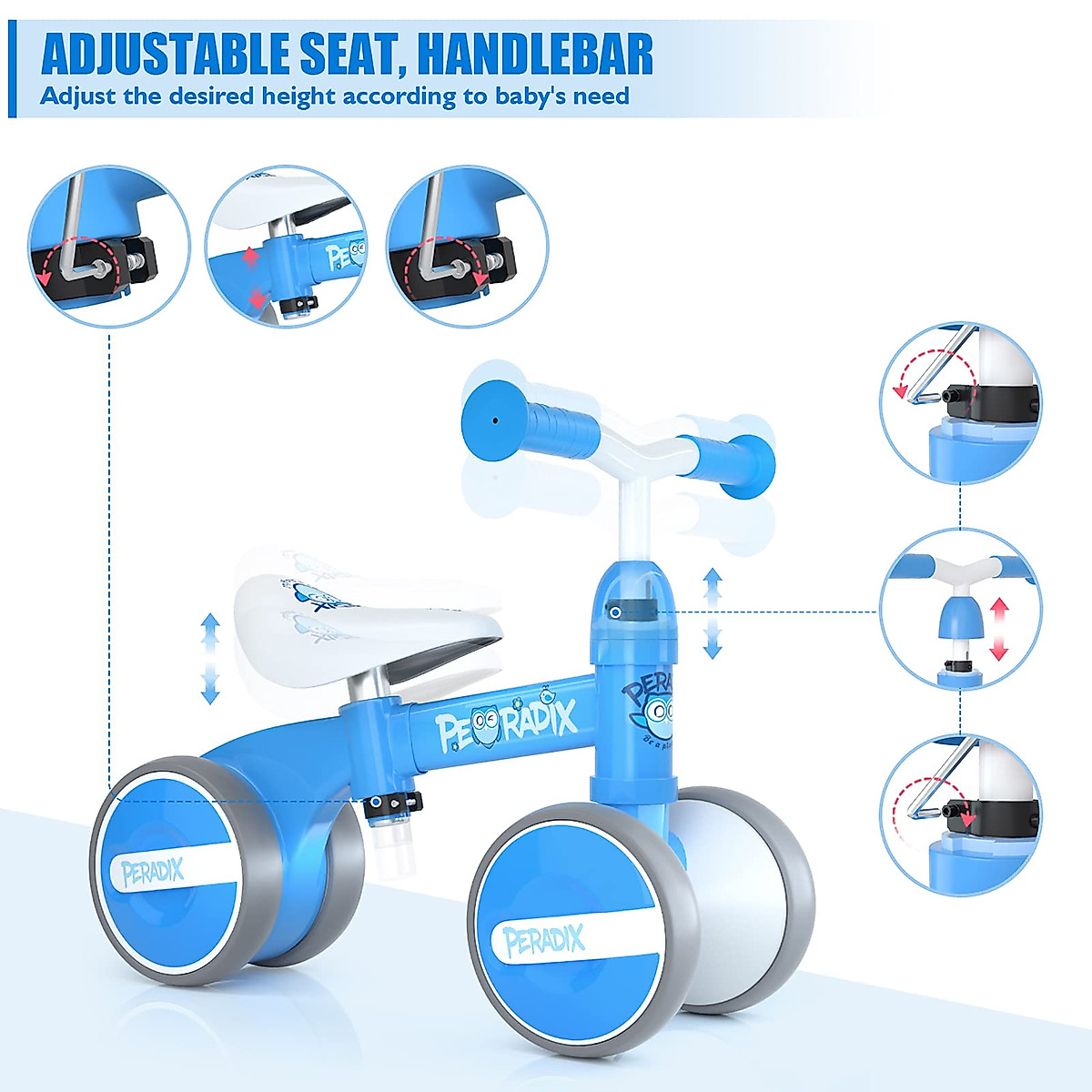 Peradix Baby Balance Bike, Adjustable Toddler Bike 10-36 Month Riding Toys Gifts for 1 2 3 Year Old Girls Boys, No Pedal 4 Wheels Infant Bicycle Baby Walker First Bike Birthday Gifts (Blue)