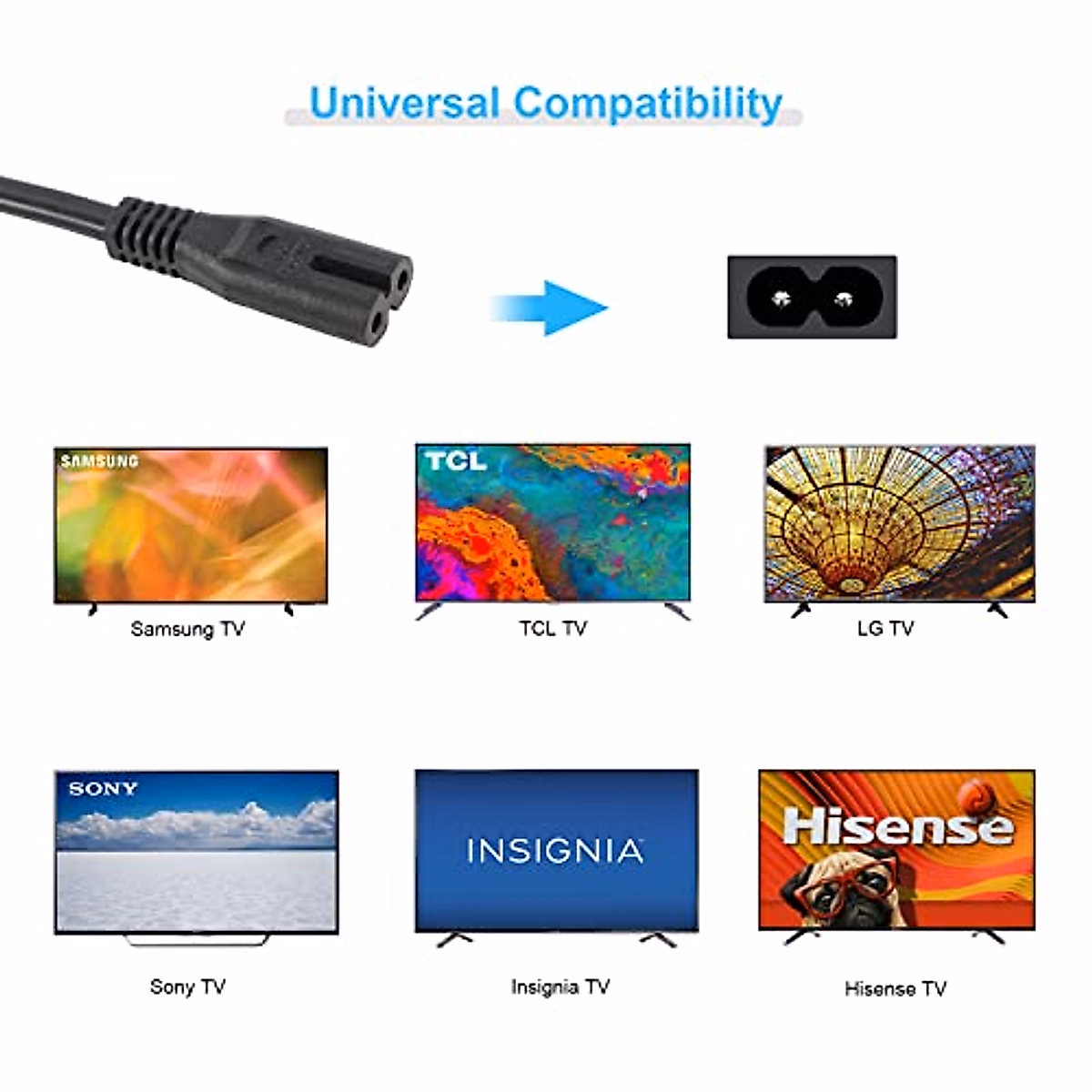AC Power Cord Compatible Samsung TV, TCL lg Sony Sharp Insignia Hisense Toshiba TV 6 Feet 2 Prong Power Cable Replacement