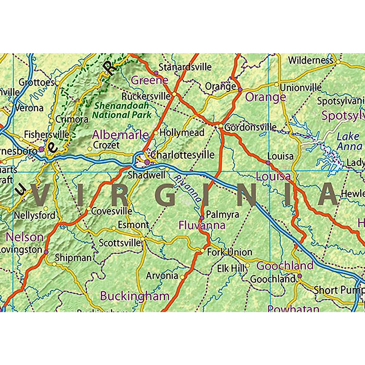 Physical Map of Virginia State - 11.3 x 23.3 Inches - Paper Laminated