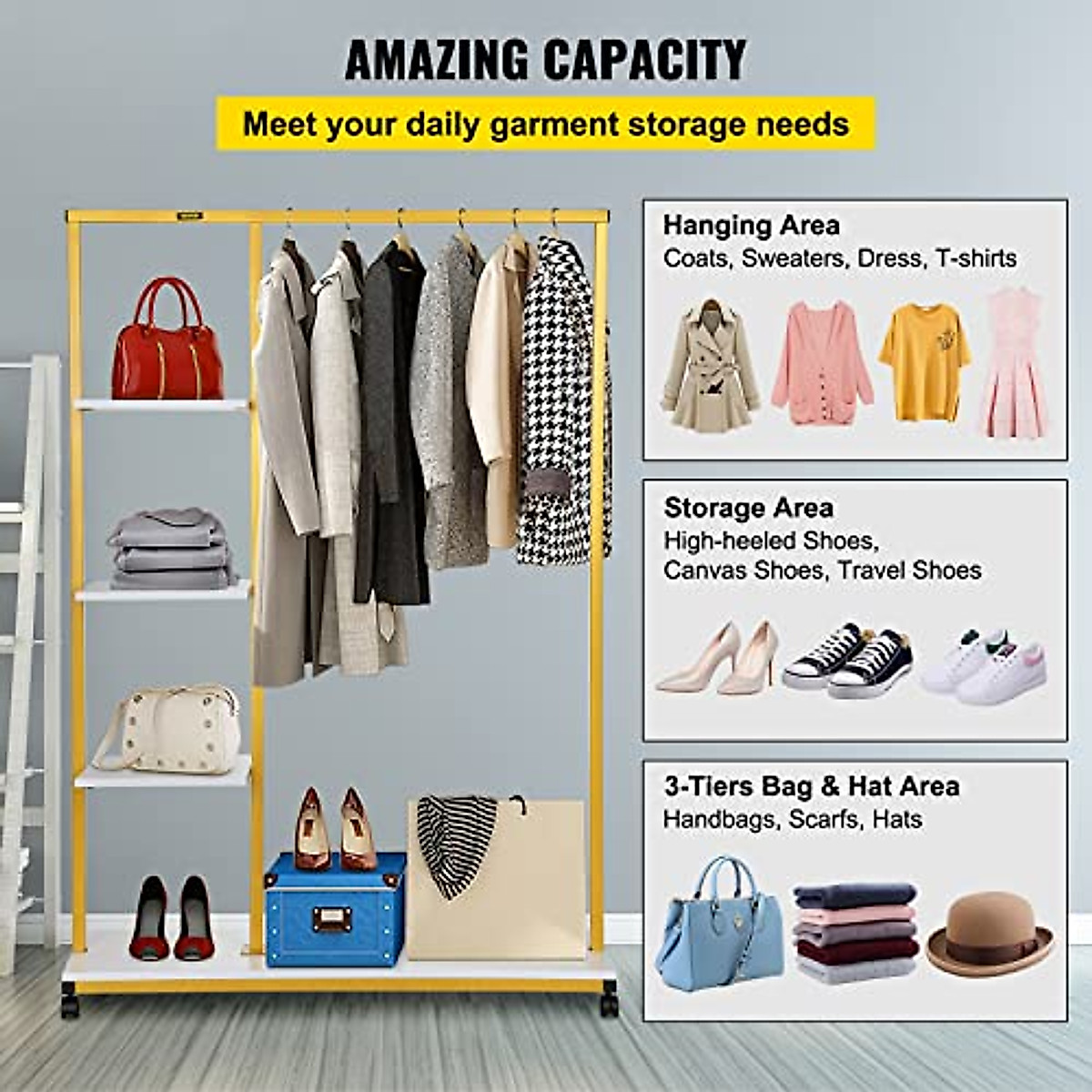 VEVOR Clothing Garment Rack, 39.4"x14.2"x59.1", Heavy-duty Clothes Rack w/Bottom Shelf & Extra 3 Side Shelves, 4 Swivel Casters, Rolling Clothes Organizer for Laundry Room Retail Store Boutique, Gold