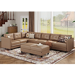 LLappuil Modular Sectional Sofa, Oversized U Shaped Sofa with Storage, Sectional Couch for Living Room, Faux Leather Fabric Waterproof Sofa, 8 Seats with Ottoman, Cognac Brown