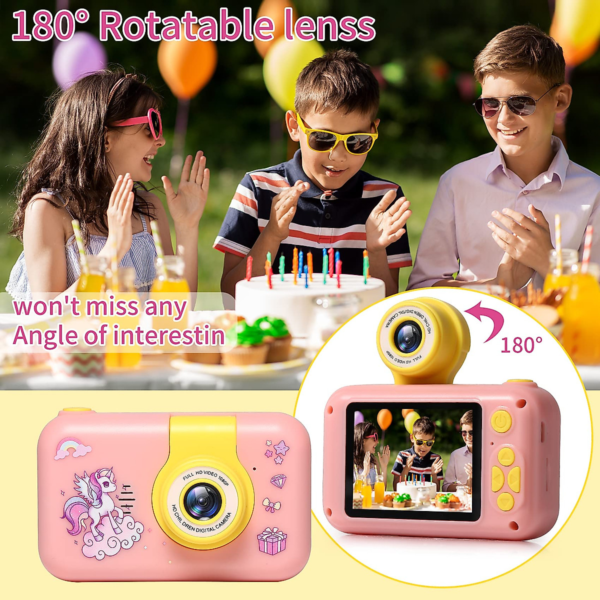 Kids Camera,2.4in IPS Screen Digital Camera,180°Flip Lens Camera,Children Selfie Camera with Playback Game,Christmas/Birthday Gift for 4 5 6 7 8 9 10 11 Year Old Girl Boy (Pink)