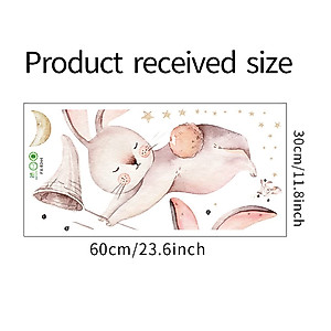 Wland 17.3 in x 25.6 in Cute Cartoon Rabbit Watercolor Bunny Catching Moon Stars Balloon Removable Vinyl Wall Decals Stickers for Children Room Nursery Decoration Baby Boy Girl Bedroom