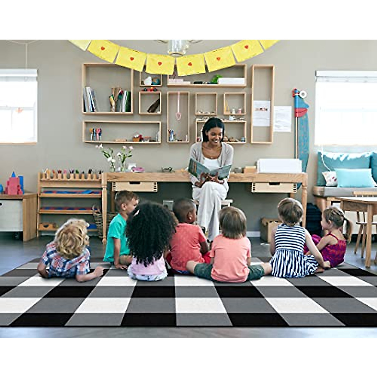 Flagship Carpets Schoolgirl Style Industrial Chic Black & White Buffalo Check Classroom Area Rug for Indoor Classroom Learning or Kid Bedroom Educational Play Mat, 7'6" x 12'