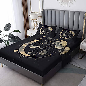 Moon Sheets Full Size, Aesthetic Bed Sheets, Patterned Bedding Sheets & Pillowcases 4 Piece Set - Soft Microfiber Deep Pocket Fitted Sheet & Flat Sheet & 2 Pillow Cases L5-&-148