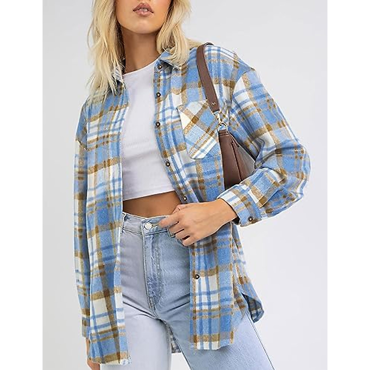 LUYAA Plaid Shirts for Women Long Sleeve Oversized Flannel Shirts Shacket Fleece Lined Coat Trendy 2023 Clothing Blue S