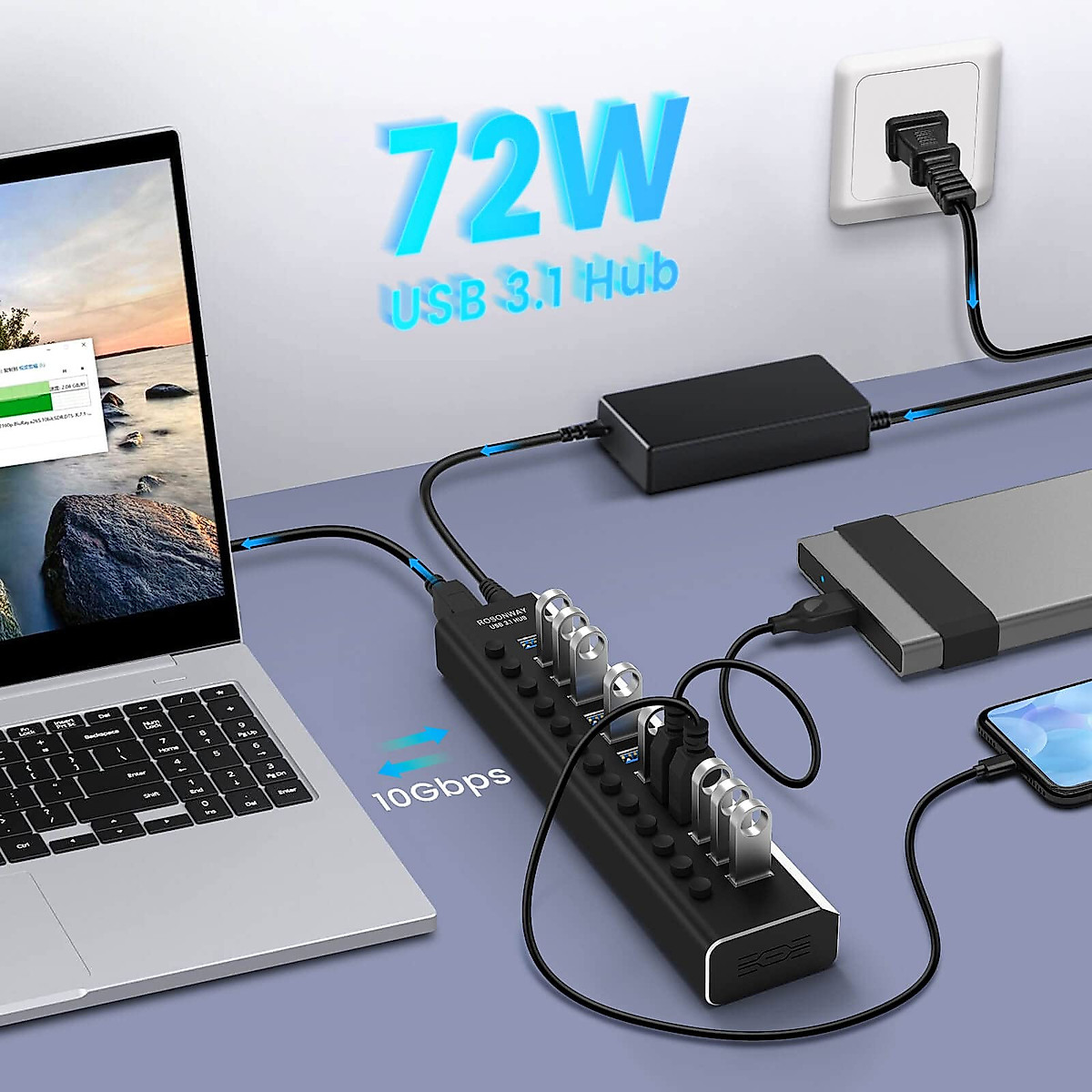 Powered USB Hub Rosonway Aluminum 13 Port USB 3.1/3.2 Gen 2 Hub 10Gbps with 72W (12V/6A) Power Adapter and Individual Switches, Type A and Type C Cables, USB C Hub Expander for PC and Laptop, RSH-A13