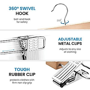 High-Grade Wooden Pants Hangers with Metal Clips Grip Clip Pants Hanger, Smooth Finish Solid Wood Jeans/Skirt Hanger, 360° Swivel Hook - Clip Hanger for Pant, Skirts, Slacks - 10 Pack, Natural