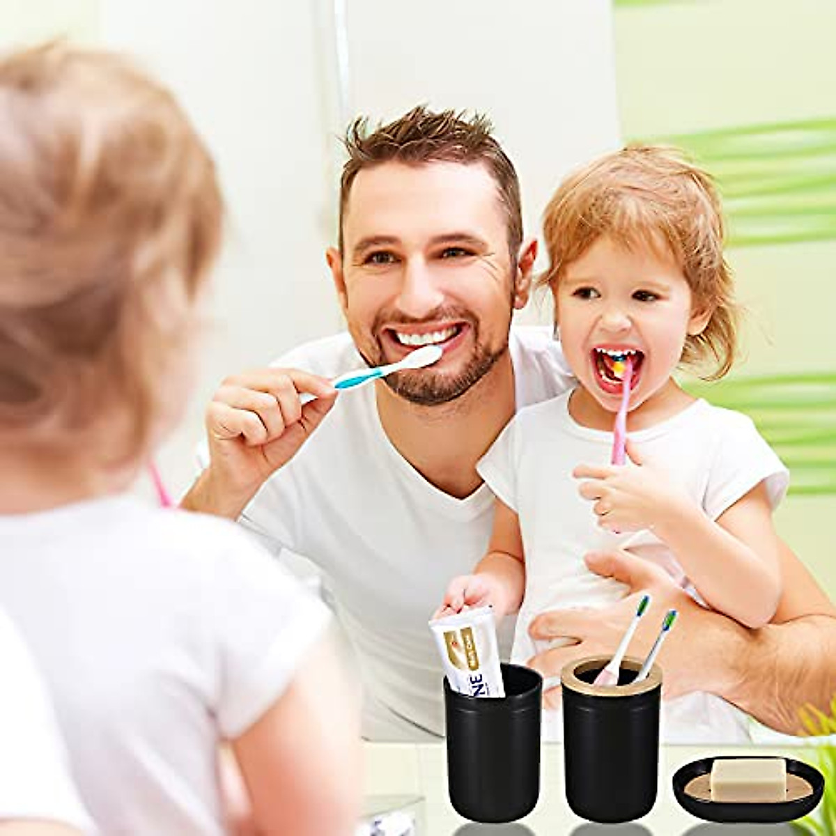 iMucci Bathroom Accessories Set with Trash Can,Toothbrush Holder, Lotion Soap Dispenser, Soap Dish,Tumbler Cup(9Pcs Black Bamboo Cover)