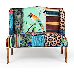 Maykoosh Modern Motifs Bird Collage Print Settee with Plush Velvet Upholstery, Adjustable Foot Pads, and Sturdy Wood Frame - 38” H for Vibrant Living Room or Hallway Seating