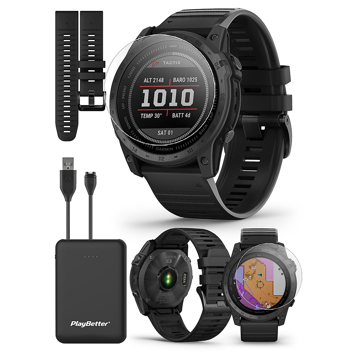 Garmin tactix 7 Tactical GPS Watch Bundle - Ruggedly Built, Built-in LED Flashlight, Multi-GNSS - Includes PlayBetter HD Screen Protectors & Portable Charger