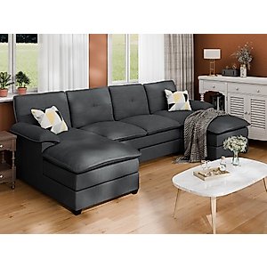 SUNLEI 110" U-Shaped Living Room Furniture Set, 4 Seat Sectional Sofa with Double Chaise for Apartment, Modern Fabric Modular Couch Sleeper for Living Room, Black