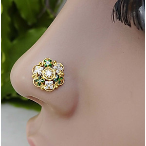 Gold Nose Piercing Indian Nose Stud Big Nose stud Gold Nose Stud Crock Screw Nose Stud Medusa Piercing Gift for her 16g Nose Stud Indian Nose Ring, Green,White