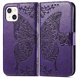 KRHGEIK Designed for iPhone 13 Mini Wallet Case,Women Flip Folio Cover with Butterfly Embossed PU Leather Kickstand Credit Card Holder Slots Wrist Strap Phone Case for iPhone 13 Mini 5.4" (Purple)
