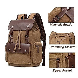 lulusnie Canvas Laptop Backpack Vintage Backpack for Men Women, College Computer Backpack Fits 15.6 Inch Laptop, Vegan Leather Daypack Work Travel Bookbag, Brown