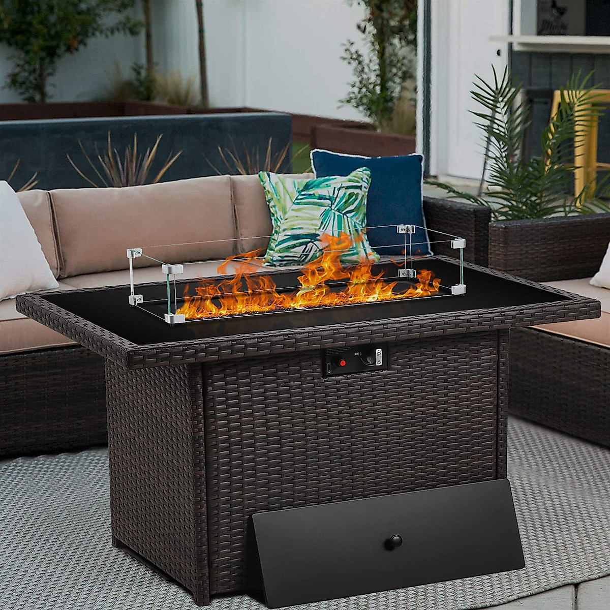 Vakollia Propane Fire Pit Table,44 Inch 55000 BTU Outdoor Gas Fire Pit Rectangular with Glass Wind Guard for Outside Patio Deck (Brown-Glass Top)