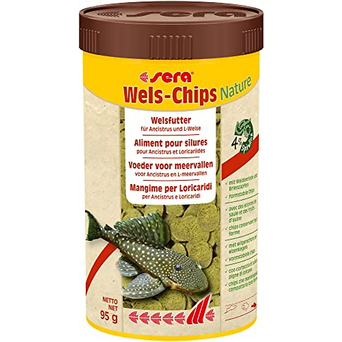 Sera Catfish Chips Wafers with Wood Fish Food, 3.3 Ounce Container