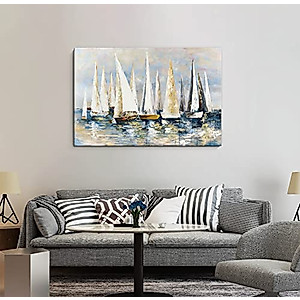 Yuegit Ocean Wall Art Sailboat Canvas Wall Art : Coastal Wall Decor Abstract Wall Art for Living Room Framed Prints for Home Decor Ready for Hang for Bedroom Bathroom Dining Room 24X36 Inch