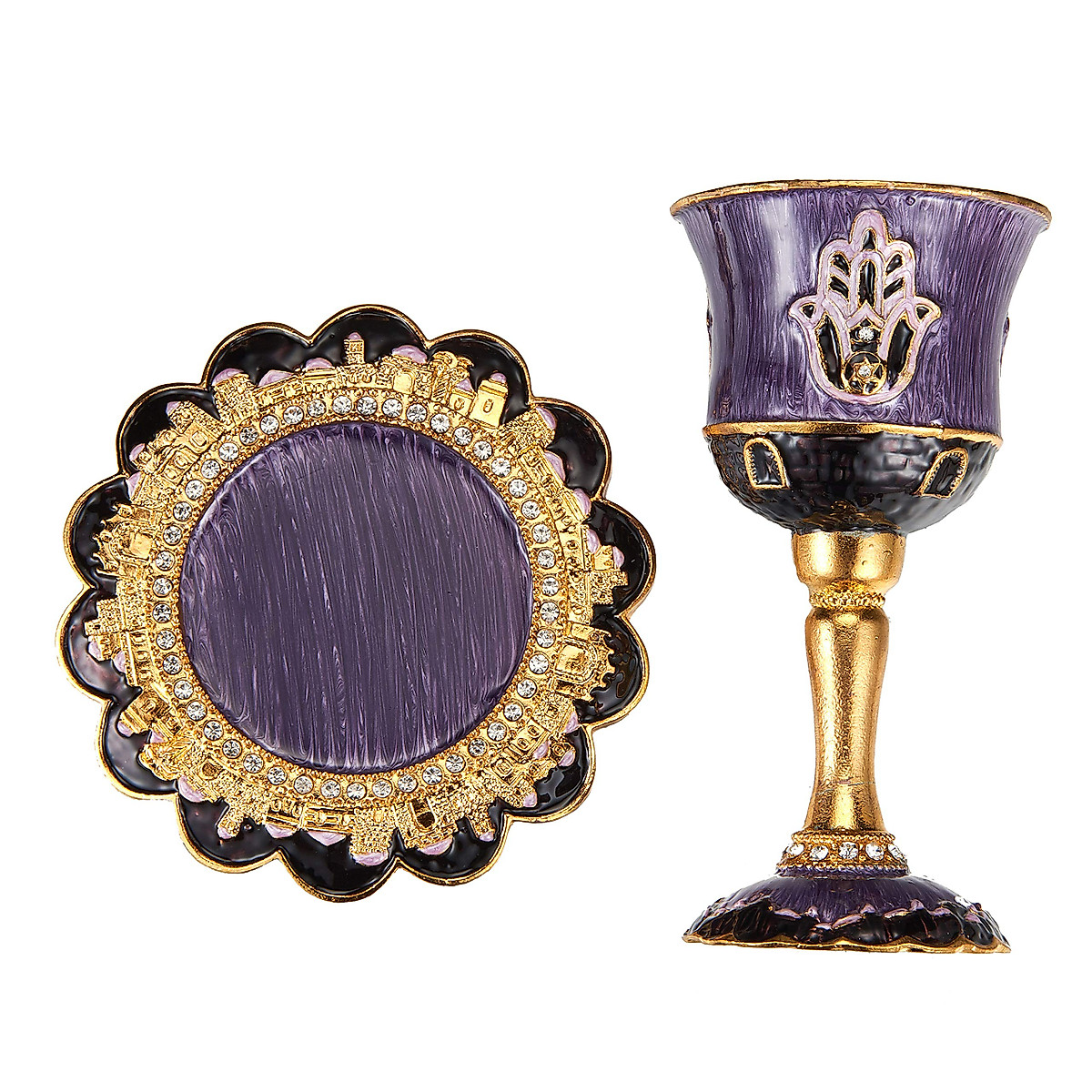Matashi Hand-Painted Enamel Tall 5" Kiddush Cup Set with Stem and Tray Embellished with Crystals and Hamsa Design for Weddings Shabbat Havdalah Passover Goblet Judaica Gift Home Decor Blessings Cup
