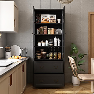 Homsee 78.7" H Bookcase Bookshelf with 4-Tier Shelves, 2 Drawers & 2 Glass Doors, Modern Display Storage Cabinet for Home Office, Living Room, Black