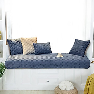 JeogYong Non Slip Bay Window Cushion Pad, Ultra Soft and Plush Window Seat Cushions Indoor Bedroom Living Room Home Decor Plaid Bench Cushion Covers for Indoor Bay Window Seating Area, Dark Blue
