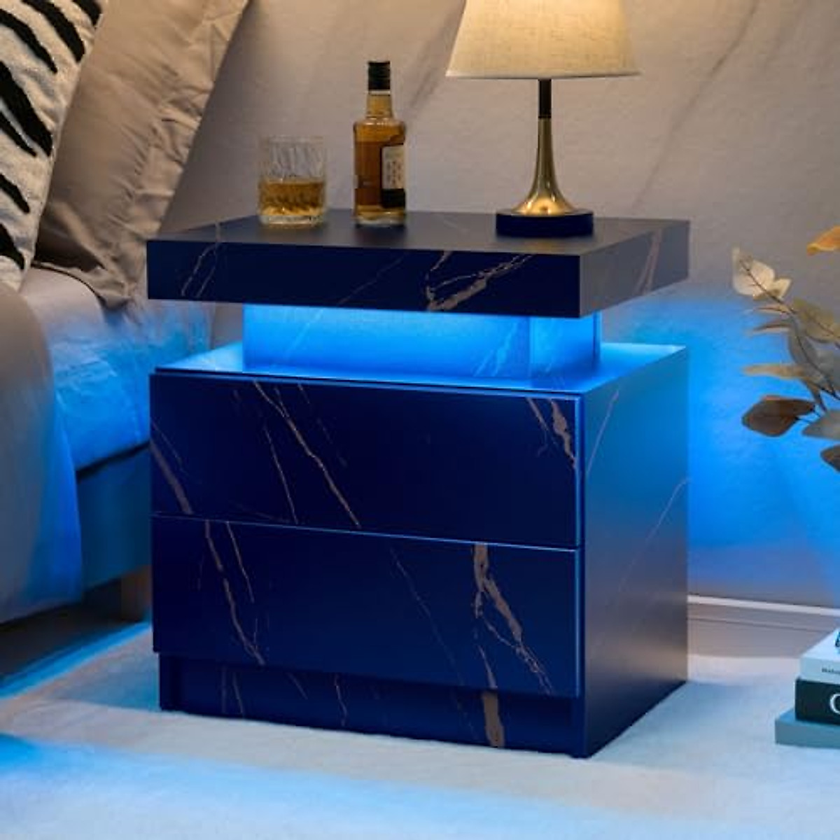Bedroom Nightstand LED Night Stand Bedside Table with Drawers Modern End Tables for Bedroom Blue