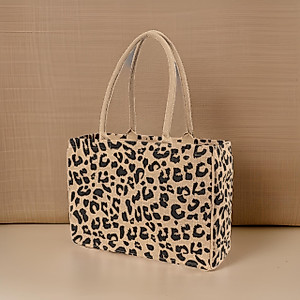 KAF Home Jute Market Tote Bag with Leopard Print, Durable Handle, Reinforced Bottom and Interior Zipper Pocket, Generous capacity, 12.5" tall x 17" wide x 7" deep