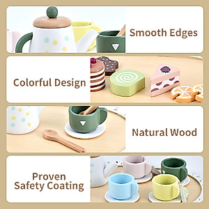 WHOHOLL Wooden Tea Party Set for Little Girls Play Food, Toddler Girl Toys Play Kitchen Accessories with Teapot Tea Cup Dessert Toys 4 Set Playset- Pretend Play Set for Toddlers 1 2 3 5